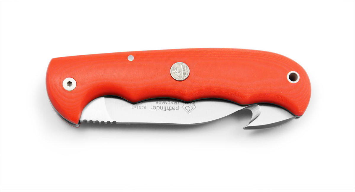 PUMA IP pathfinder with gut hook, orange micarta – PumaKnives.ca